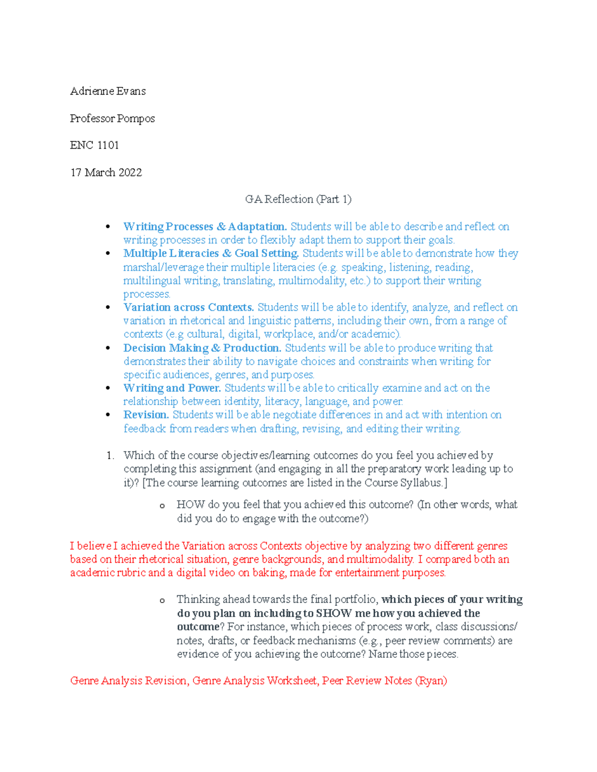 ENC 1101 GA Reflection (Part 1) - Insights by Adrienne Evans - Studocu