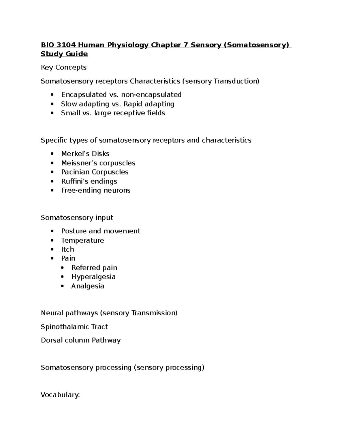 BIO 3104 Human Physiology: Chapter 7 Sensory Study Guide - BIO 3104 ...