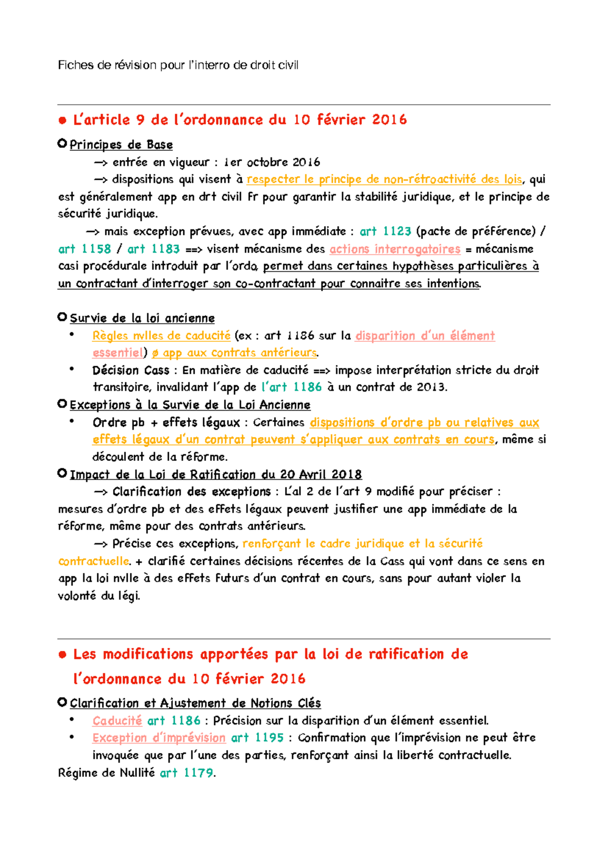 Fiche de révision pour l'interro de Droit Civil - Points Clés et ...