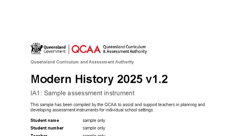 Modern History 2025 v1.2 IA1: Sample Assessment Instrument Exam Guide ...