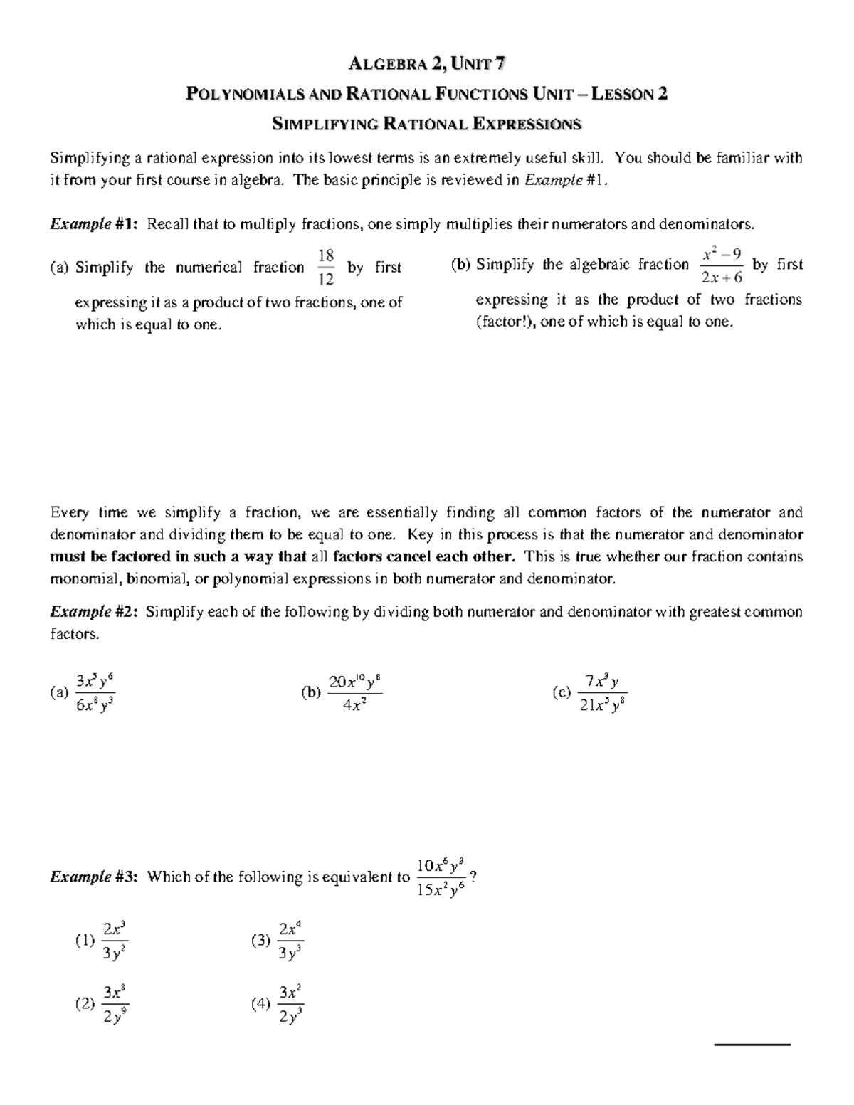 Algebra 2 (MATH 202) Unit 7 Polynomials & Rational Functions - Lesson 2 ...