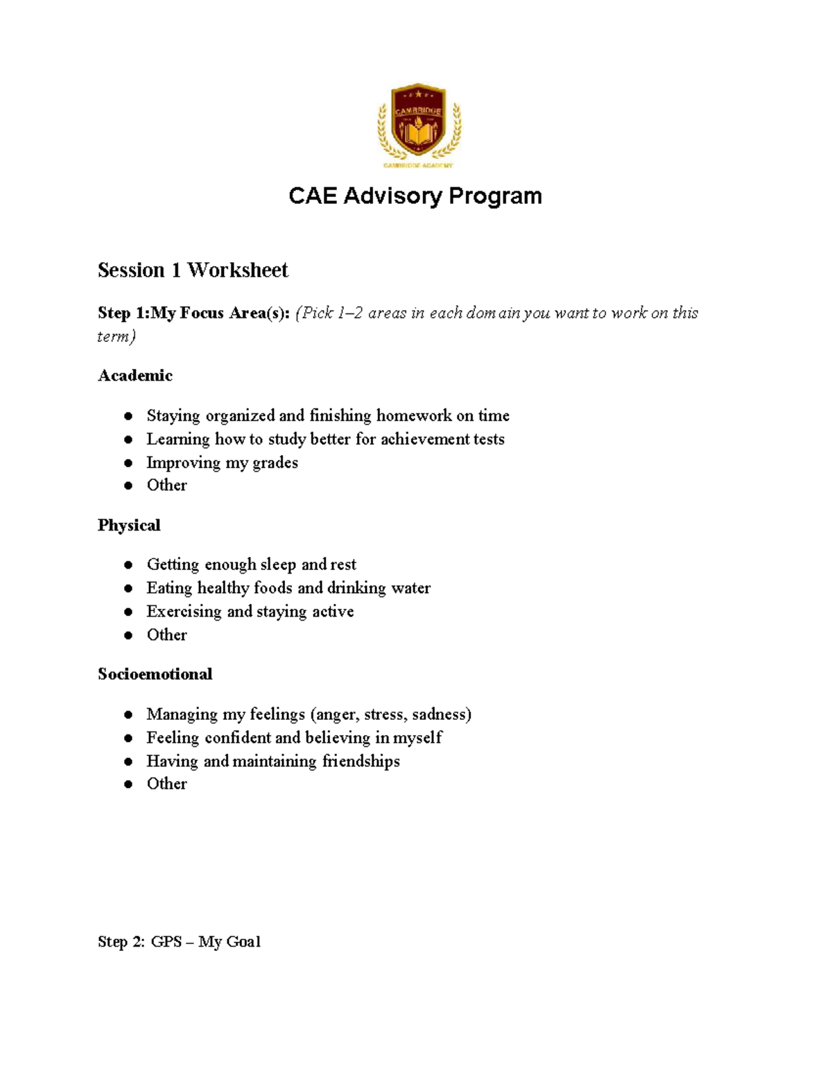 CAE Advisory Program Worksheet: Session 1 Focus Areas - Studocu
