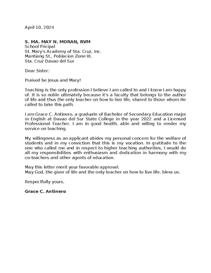 Application Letter-LSB - June 12, 2024 APPLICATION LETTER Langan, Coronon, Santa Cruz Davao del ...