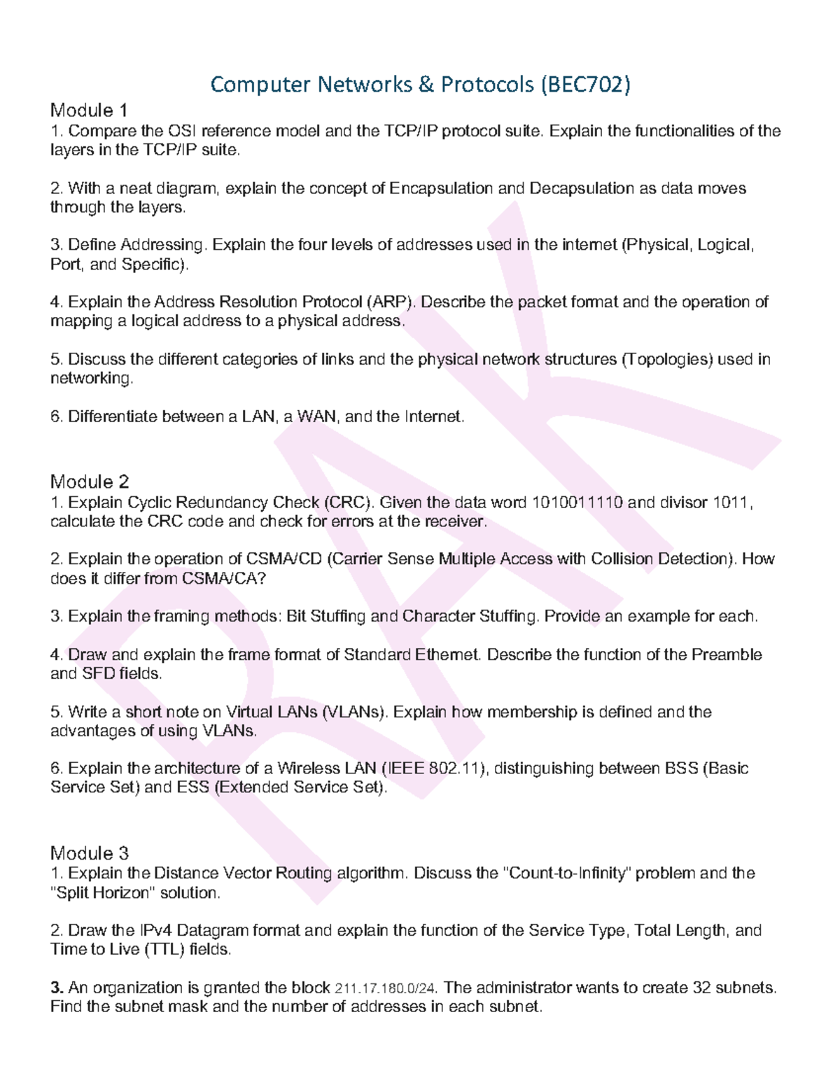 Computer Networks Protocols (BEC702) Comprehensive Study Guide - Studocu