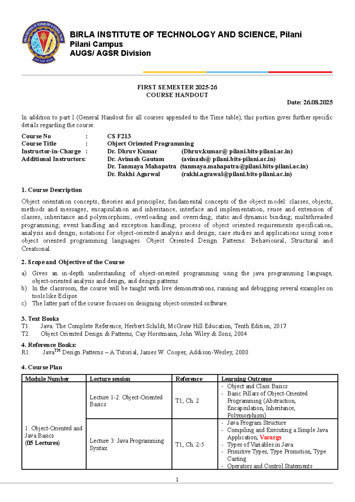 CS F213 Object Oriented Programming Course Handout - Studocu