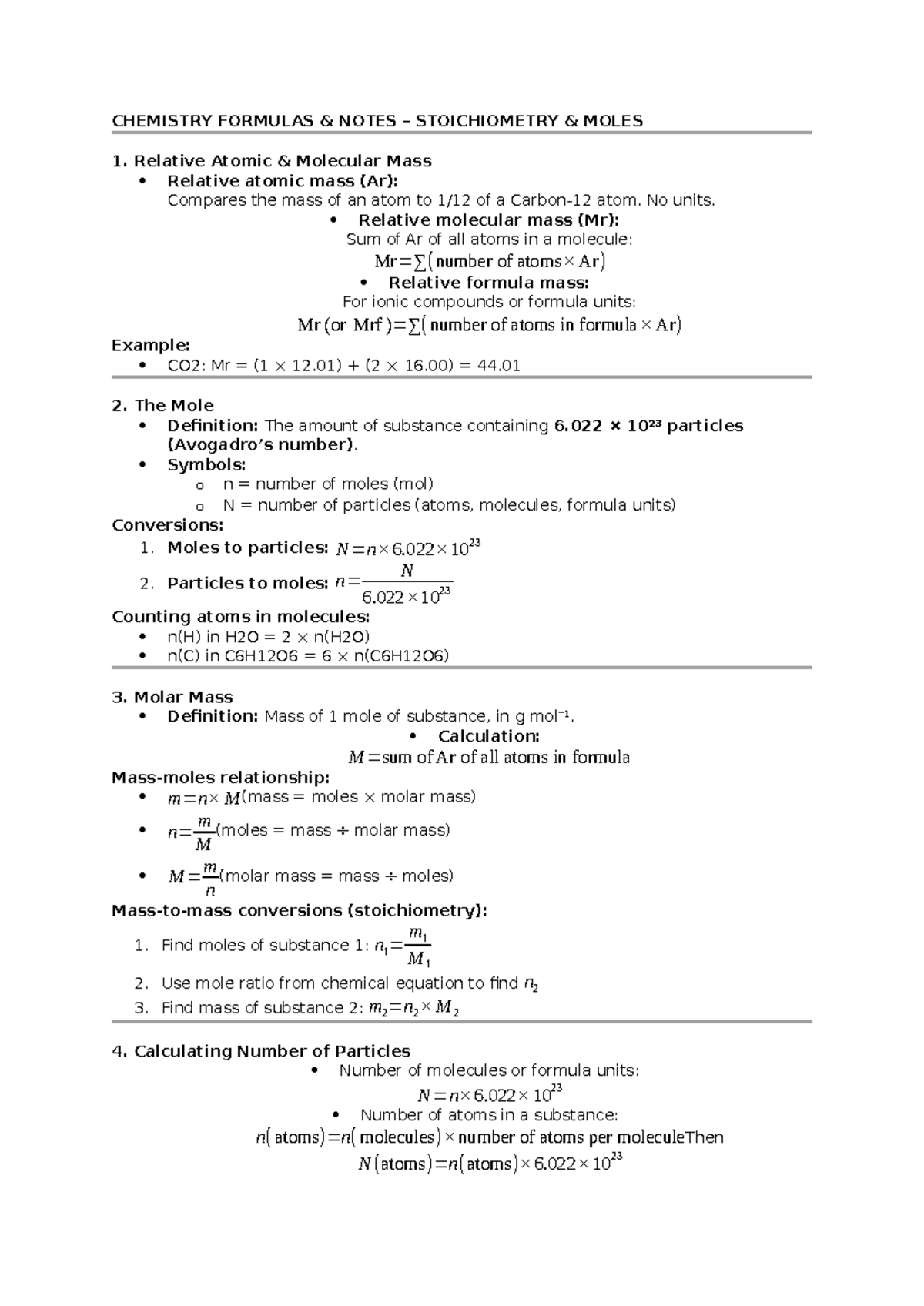 CHEMISTRY FORMULAS NOTES: STOICHIOMETRY & MOLES OVERVIEW - Studocu