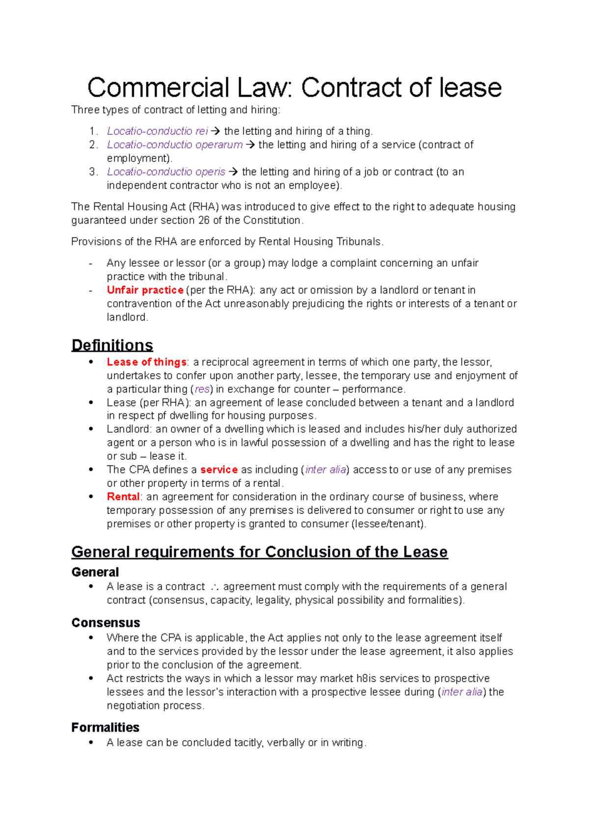 Commercial Law: Contract of Lease Overview and Key Provisions - Studocu