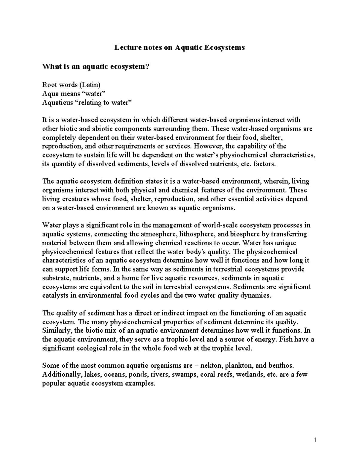 Lecture Notes on Aquatic Ecosystems: Functions & Characteristics - Studocu