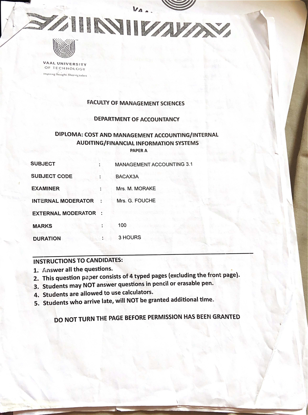 CMA 2024 Management Accounting Exam Paper A - VUT BACAX3A - Studocu