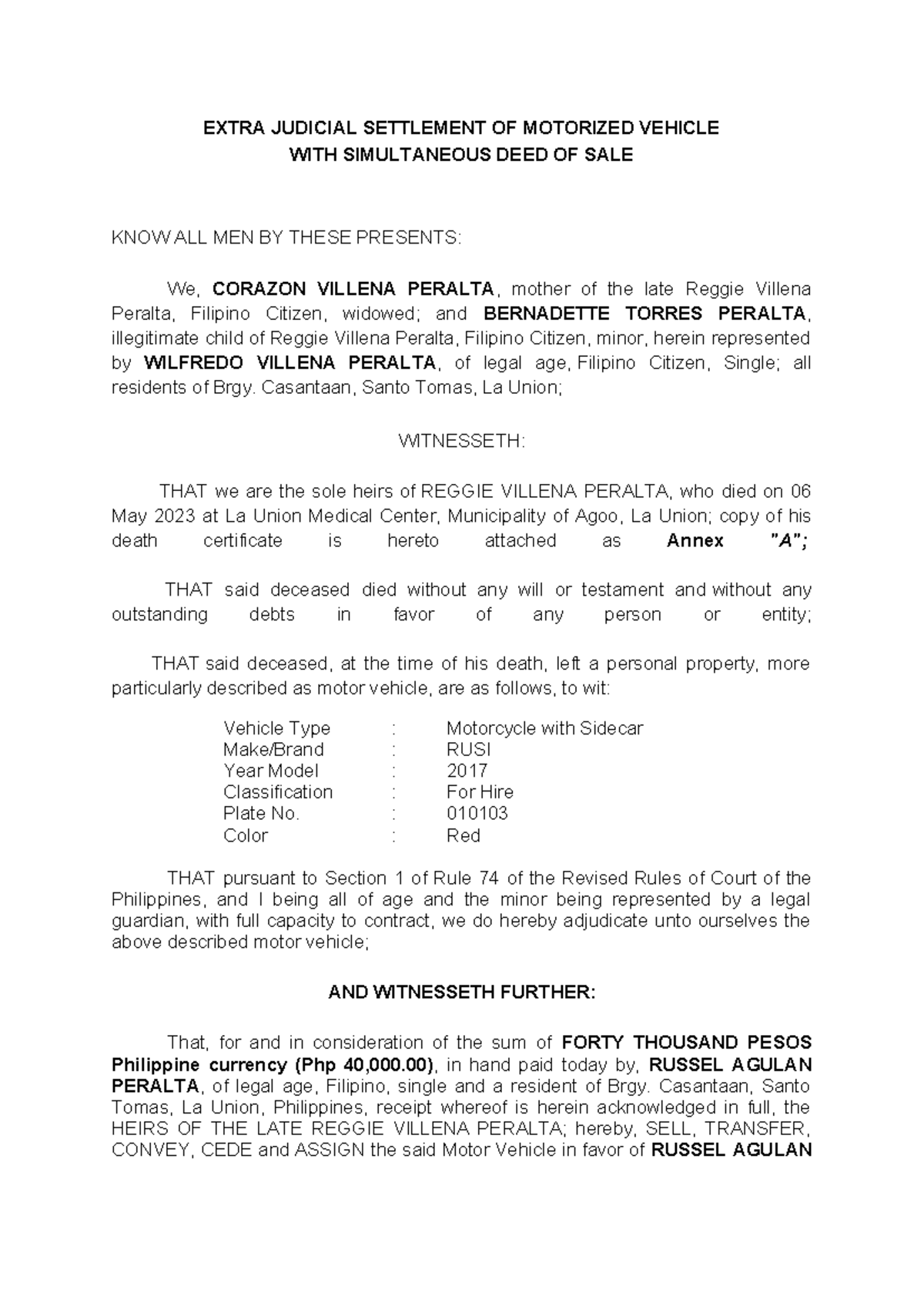 EJS - Extra Judicial Settlement & Deed of Sale for Reggie Villena - Studocu