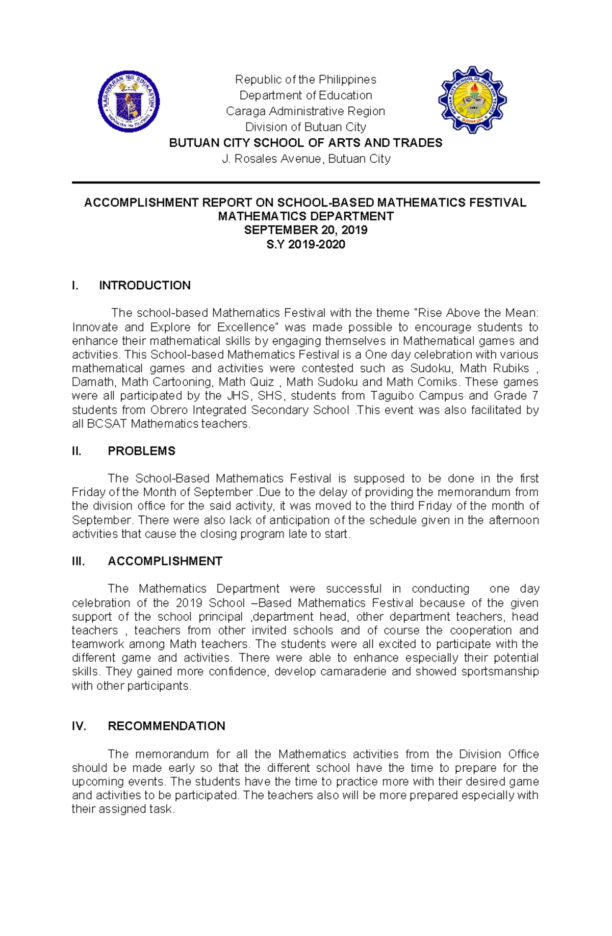 Accomplishment Report on School-Based Math Festival (S.Y. 2019) - Studocu