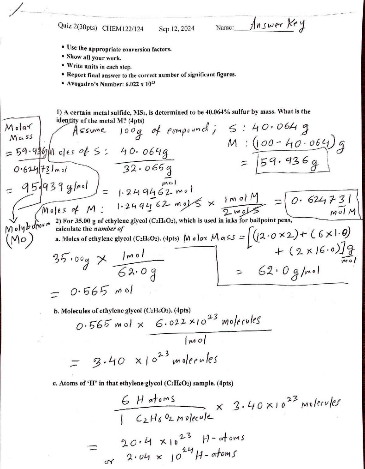 Quiz 2 (30pts) Solutions: Conversion Factors & Significant Figures ...
