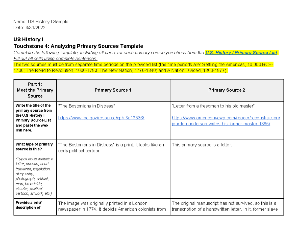 US History I Touchstone 4: Analyzing Primary Sources Template - Studocu