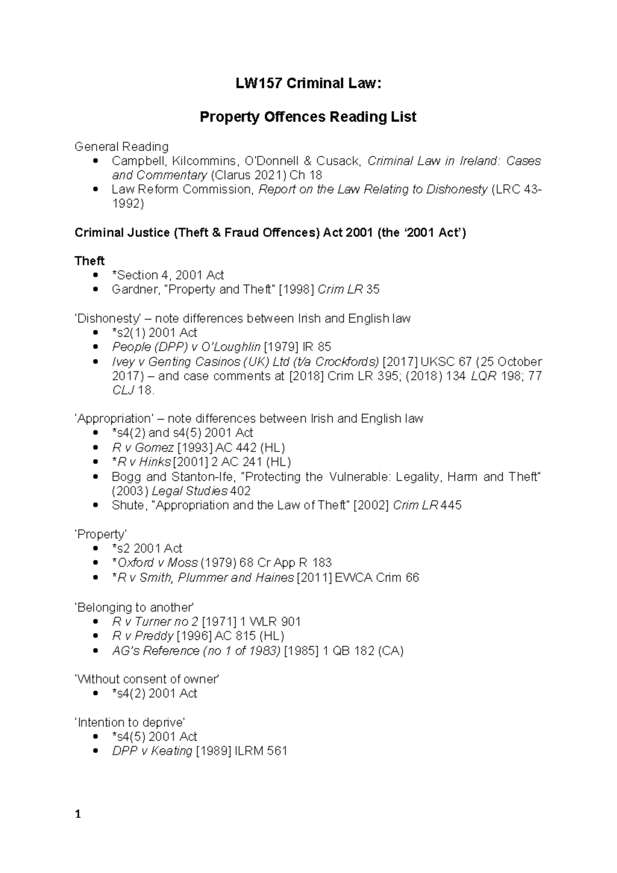 LW157 Property Offences Exam Reading List and Key Cases - Studocu