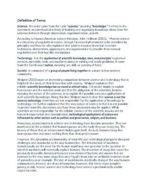 STS Module 1-2 - sts - MODULE 1 1 INTRODUCTION TO SCIENCE, TECHNOLOGY, & SOCIETY Science Latin ...