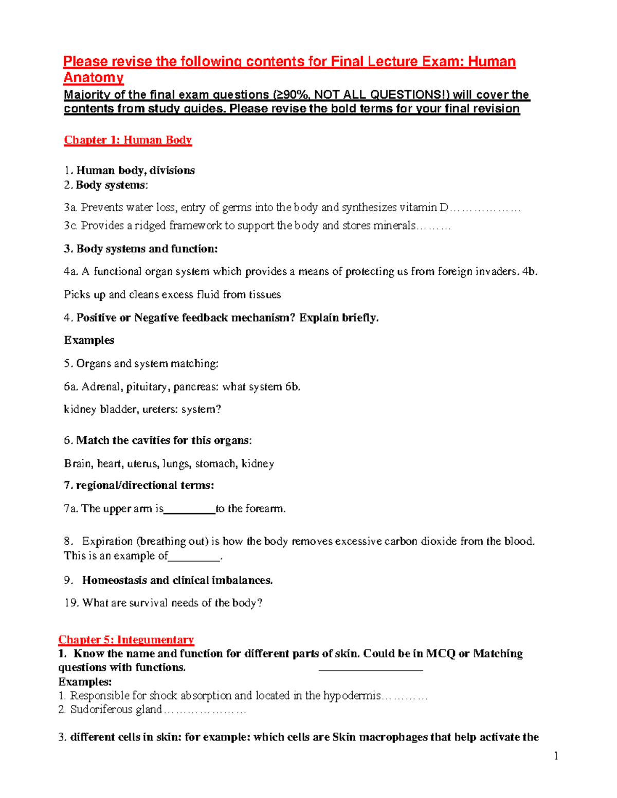 Final Exam Review Notes for Human Anatomy (Course Code) - Studocu