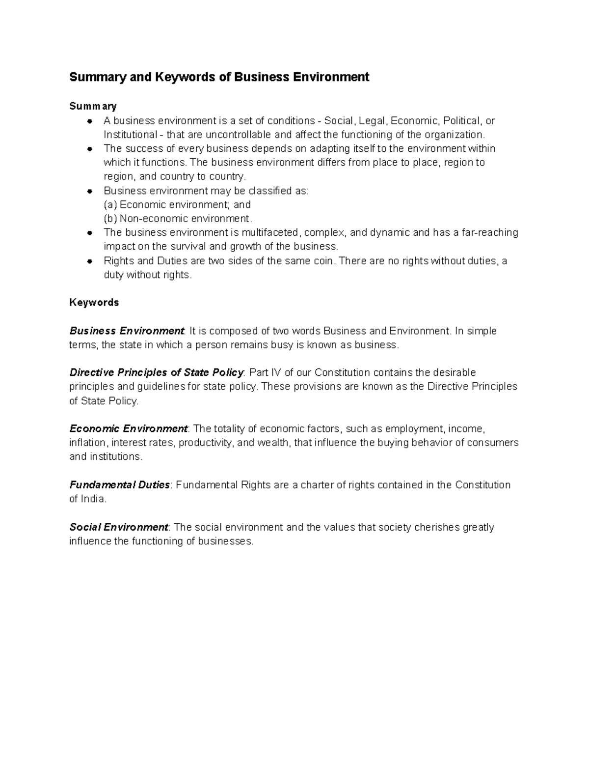 Summary of Business Environment: Key Factors and Concepts - Studocu