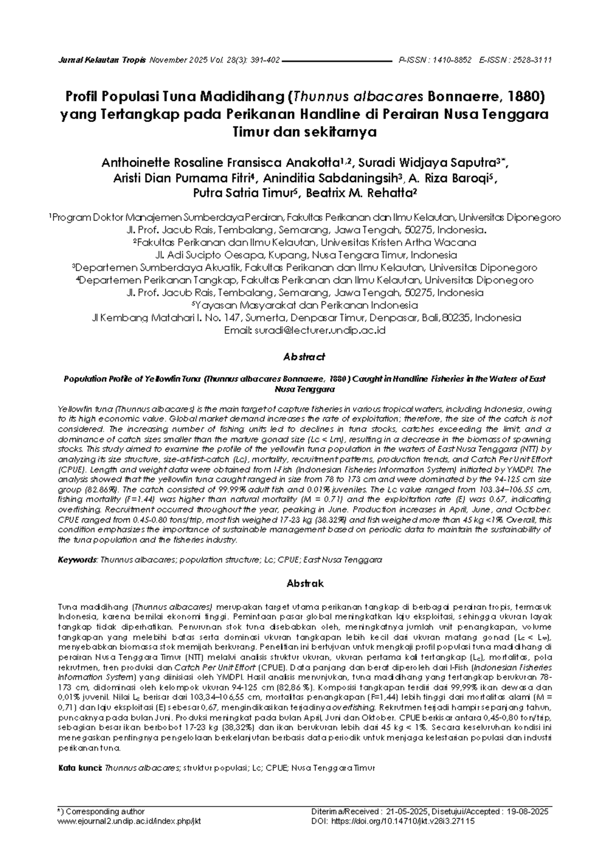 Profil Populasi Tuna Madidihang (Thunnus albacares) di NTT - Jurnal ...