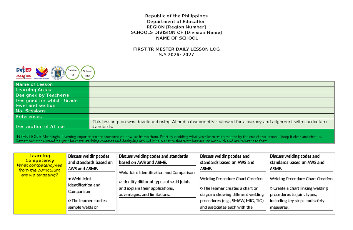 TERM 1 Lesson Plan: Week 3 - Welding Codes & Joint Types - Studocu