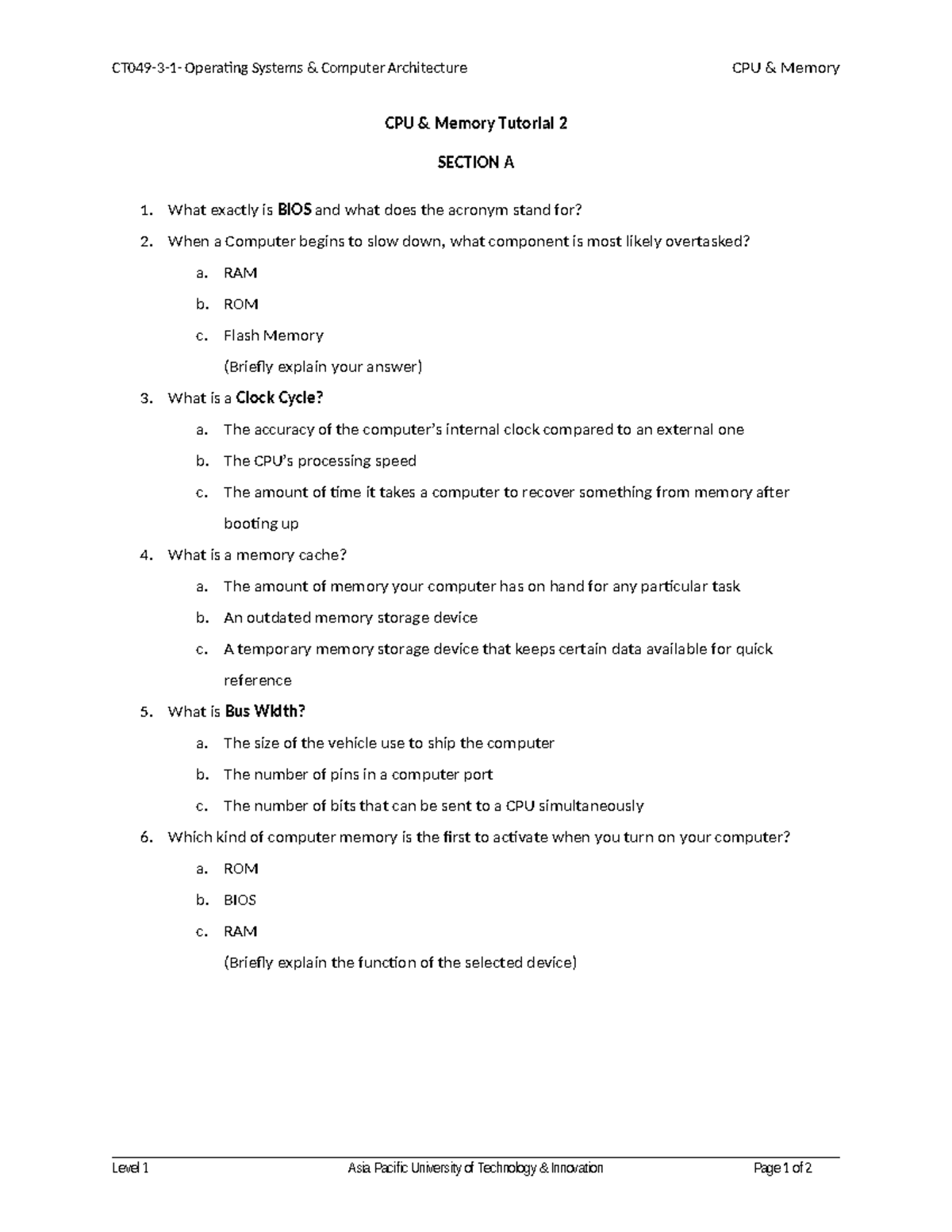CT049-3-1 Operating Systems & Computer Architecture: CPU & Memory Tutorial 2 - CT049-3-1 ...