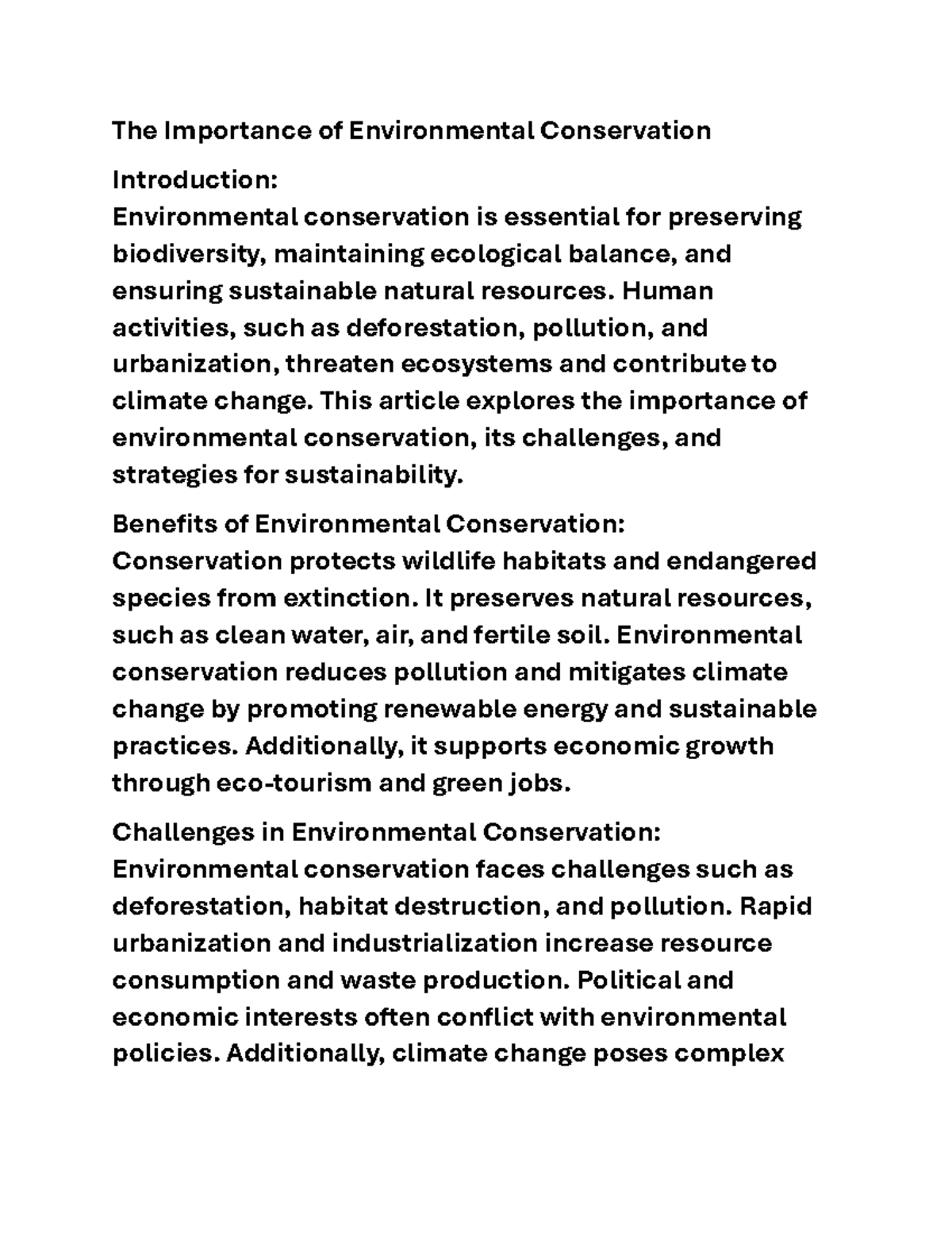 ENV 101: The Importance of Environmental Conservation Essay Notes - Studocu