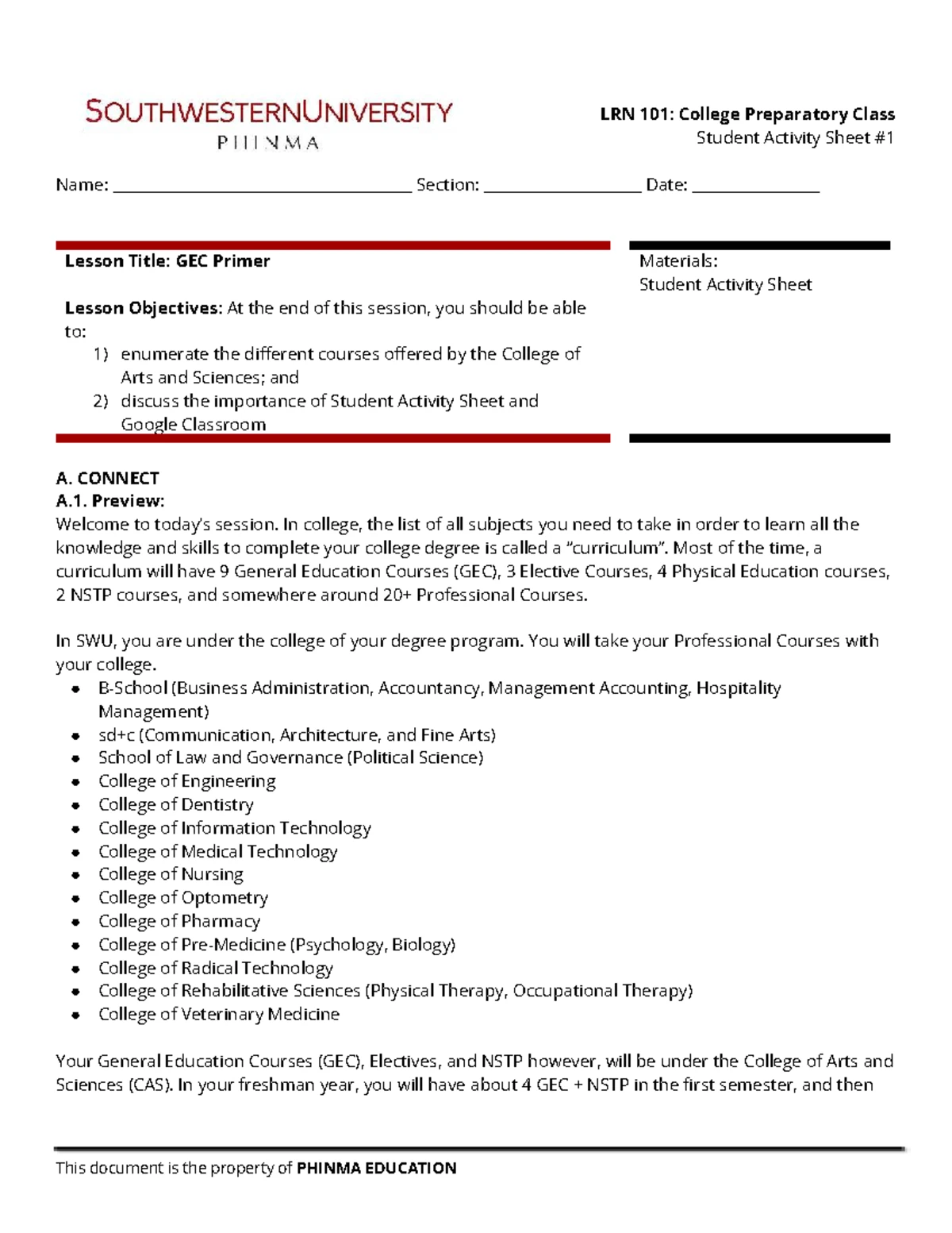 NSTP Orientation - Lesson #1 Student Activity Sheet Lesson title ...