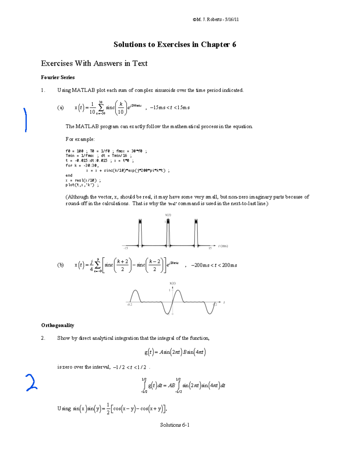 Chapter 6 Solutions: Fourier Series Exercises with MATLAB Implementations - Studocu