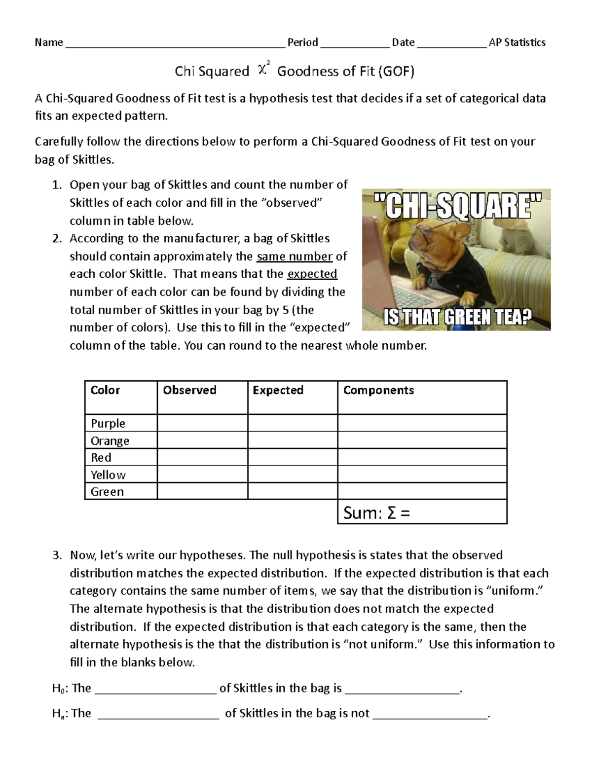 AP Statistics Chi-Squared Goodness of Fit Skittle Activity Guide - Studocu