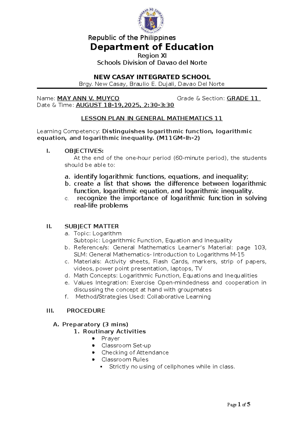 General Mathematics 11 Lesson Plan: Logarithmic Functions & Equations - Studocu