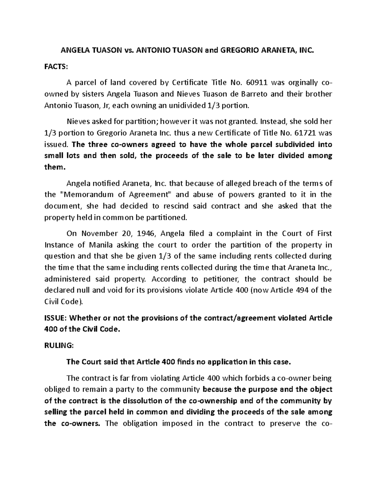 Tuason vs. Tuason Case Digest on Co-Ownership and Partition - Studocu