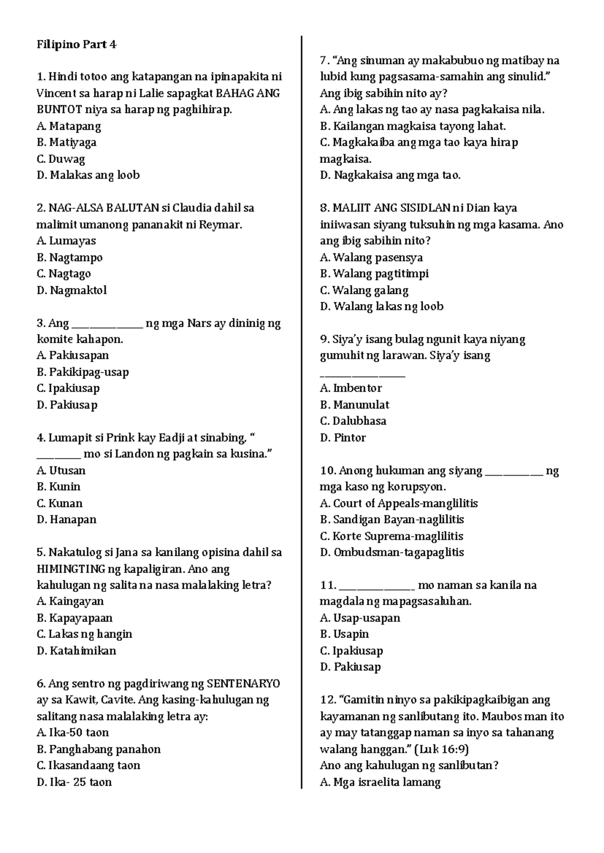 LET Reviewer: Filipino Major Part 4 with Key Answers - Studocu