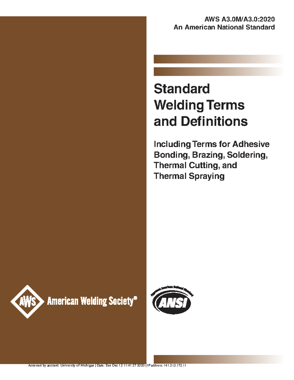 AWS A3.0:2019 Standard Welding Terms & Definitions for Adhesive Bonding ...