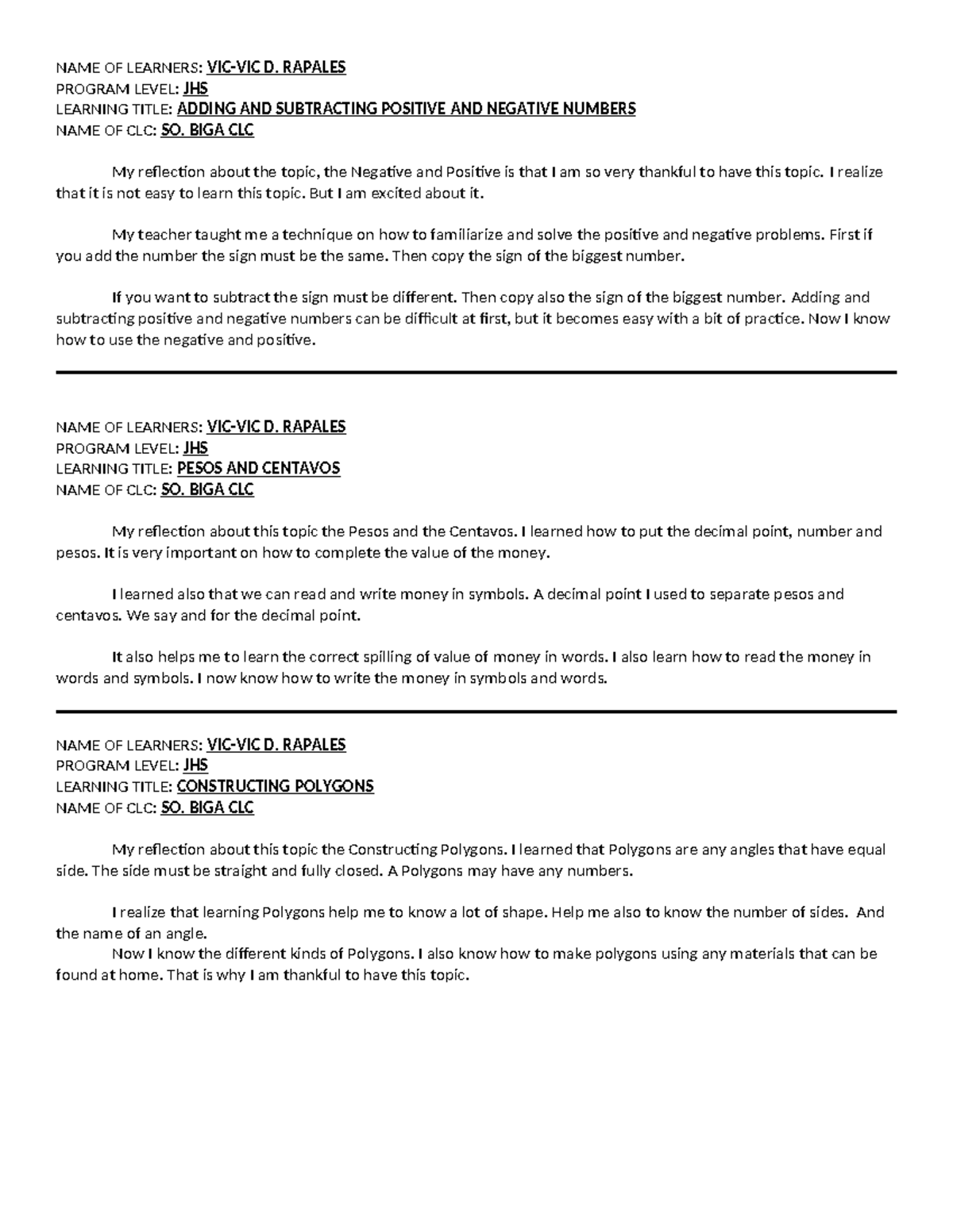 ALS Reflection - drafts - NAME OF LEARNERS: VIC-VIC D. RAPALES PROGRAM ...