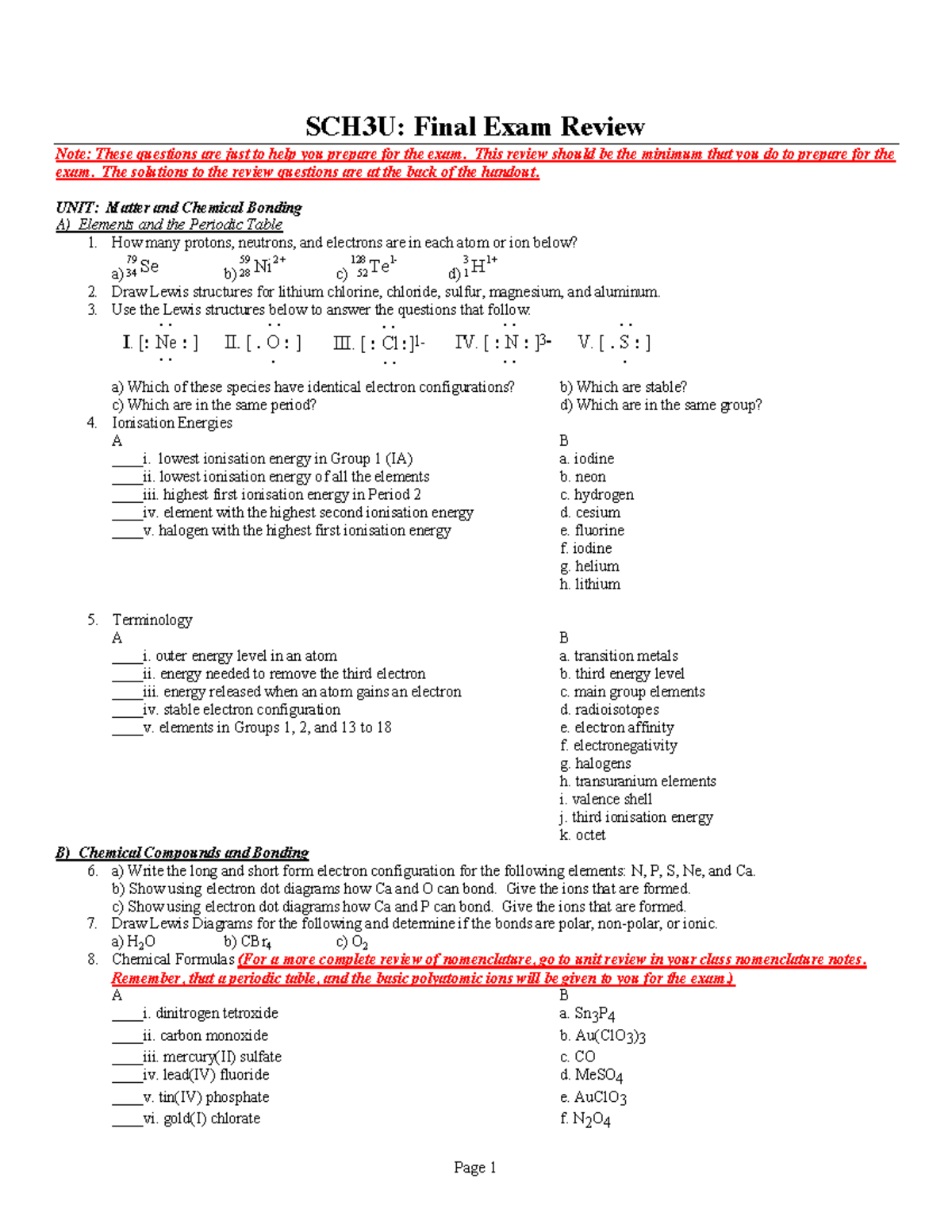 SCH3U: Final Exam Review with Answers for Chemistry Concepts - Studocu