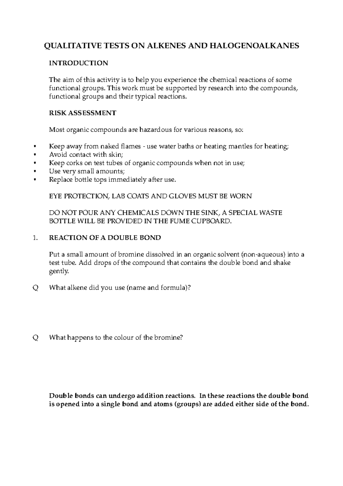 Qualitative Tests ON Alkenes AND Halogenoalkanes - QUALITATIVE TESTS ON ...