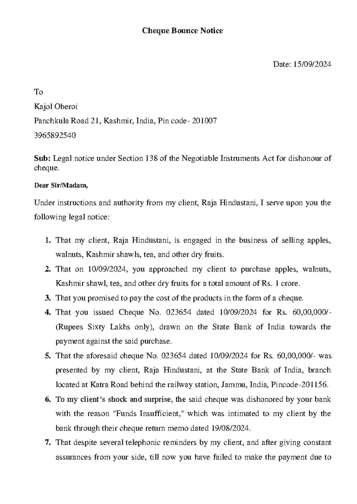 138 NI Act Notice draft - Cheque Bounce Notice Date: 15/09/ To Kajol ...