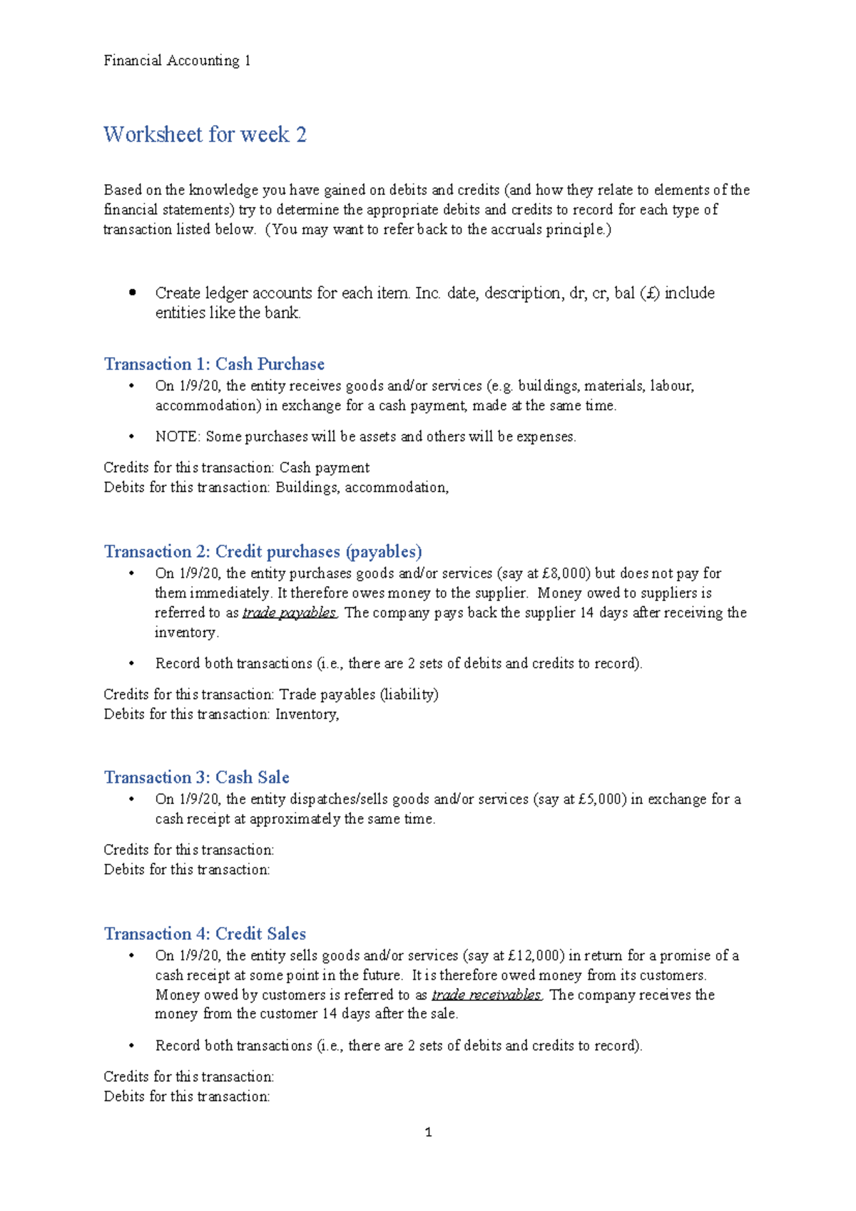 Financial Accounting 1: Week 2 Worksheet on Debits & Credits - Studocu