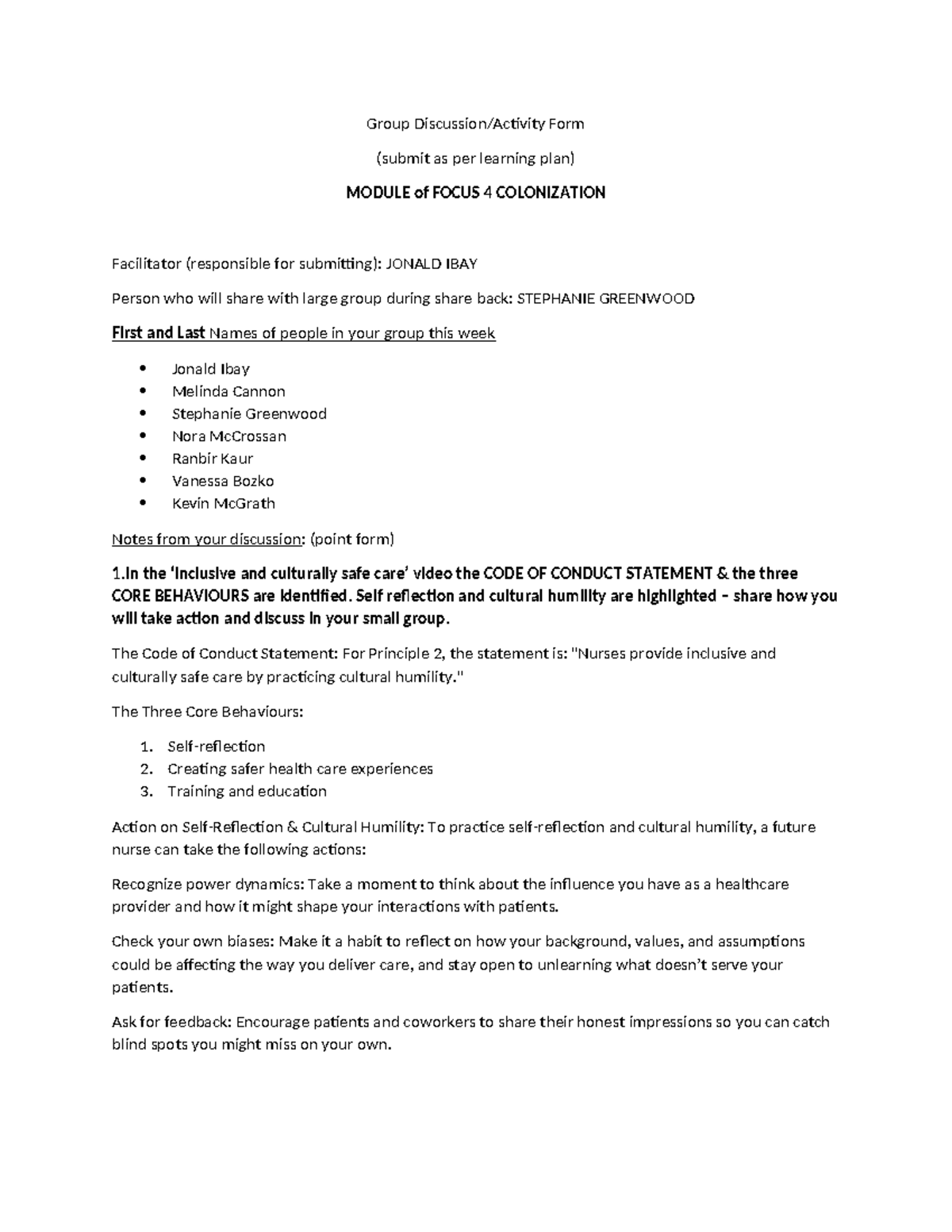 Group 1 Module 4 Activity: Cultural Humility & Code of Conduct - Studocu