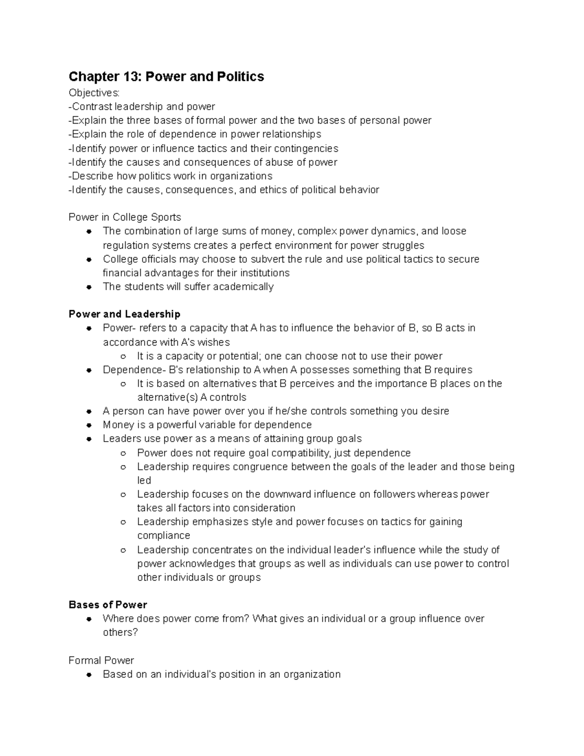 Chapter 13 Notes: Power and Politics - Chapter 13: Power and Politics ...