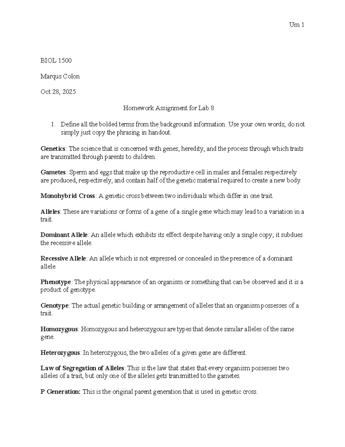 BIOL 1500 Homework Assignment: Genetics Lab 8 Overview - Studocu