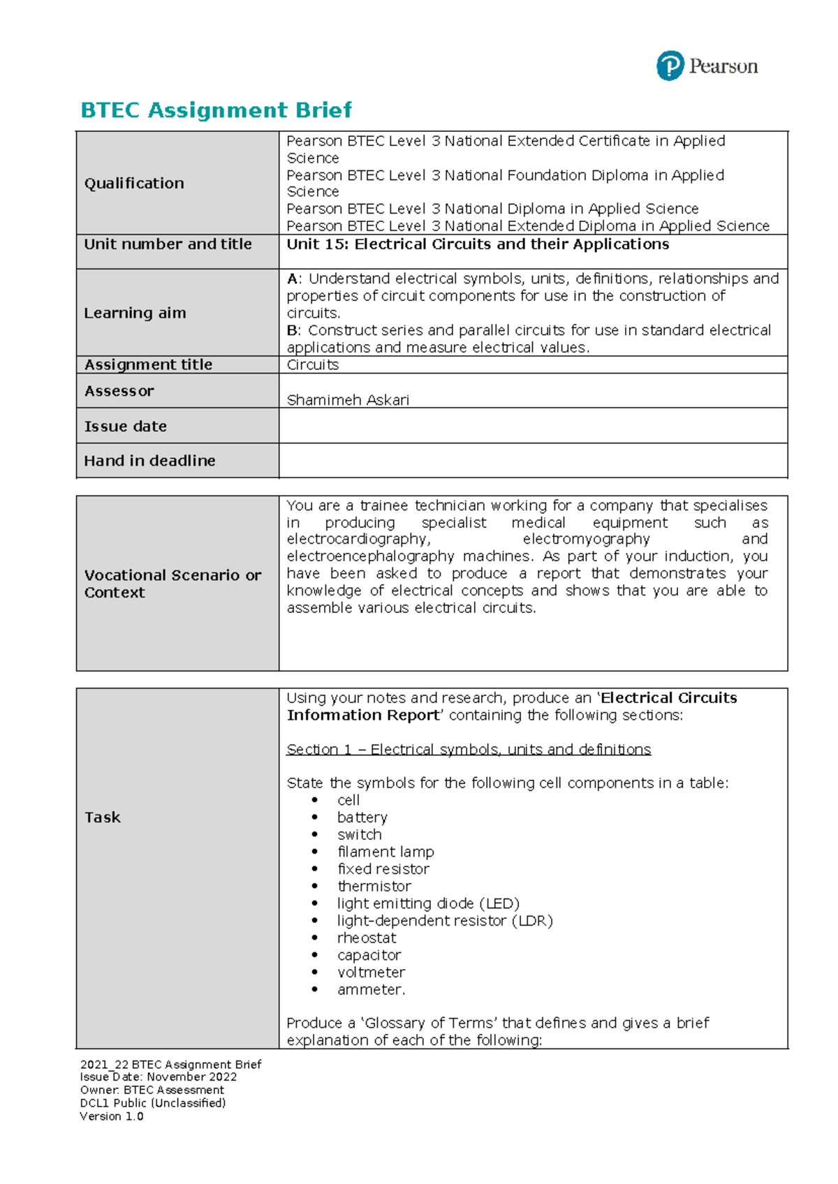 Unit 15: Electrical Circuits Assignment Briefs and Reports - Studocu