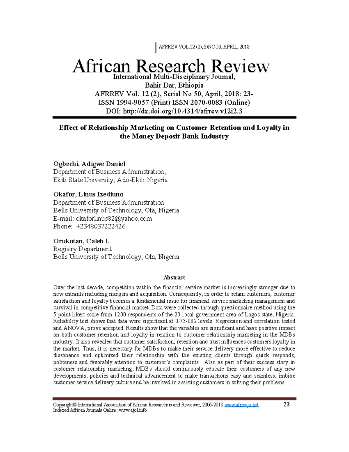 Effect of Relationship Marketing on Customer Retention in MDBs: AFRREV ...