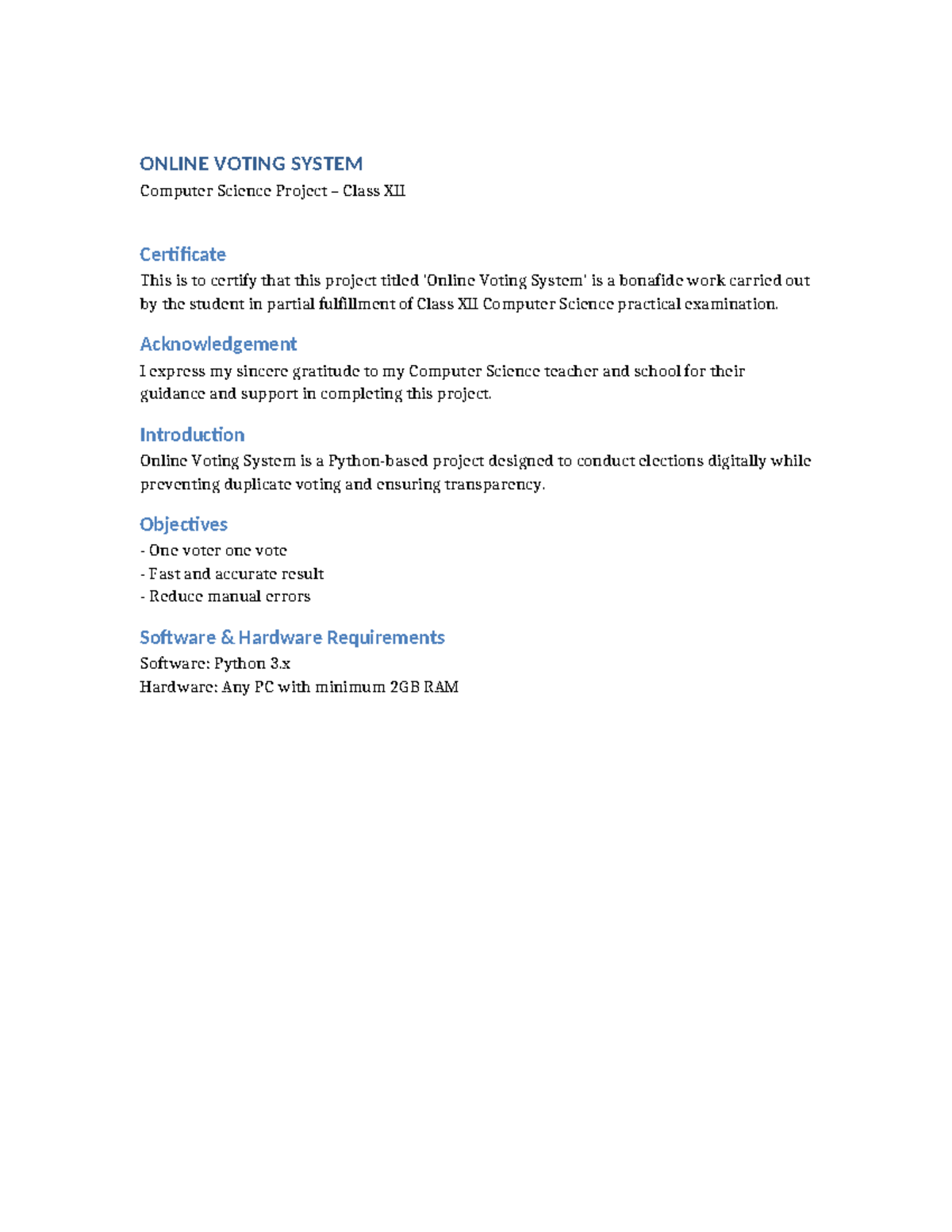 ONLINE VOTING SYSTEM Project - Class XII Computer Science - Studocu