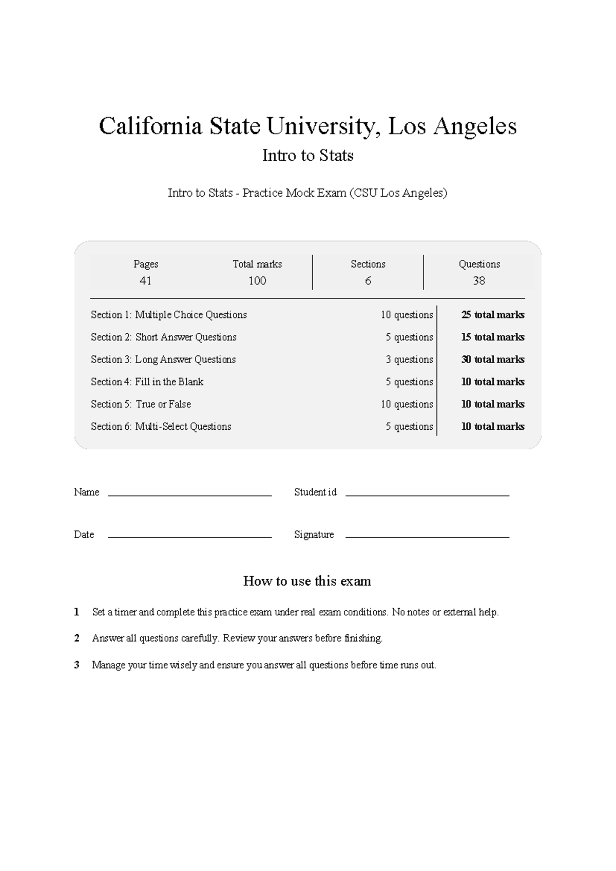 EDFN 1092 Intro to Stats Cal State LA Practice Mock Exam 2026 - Studocu