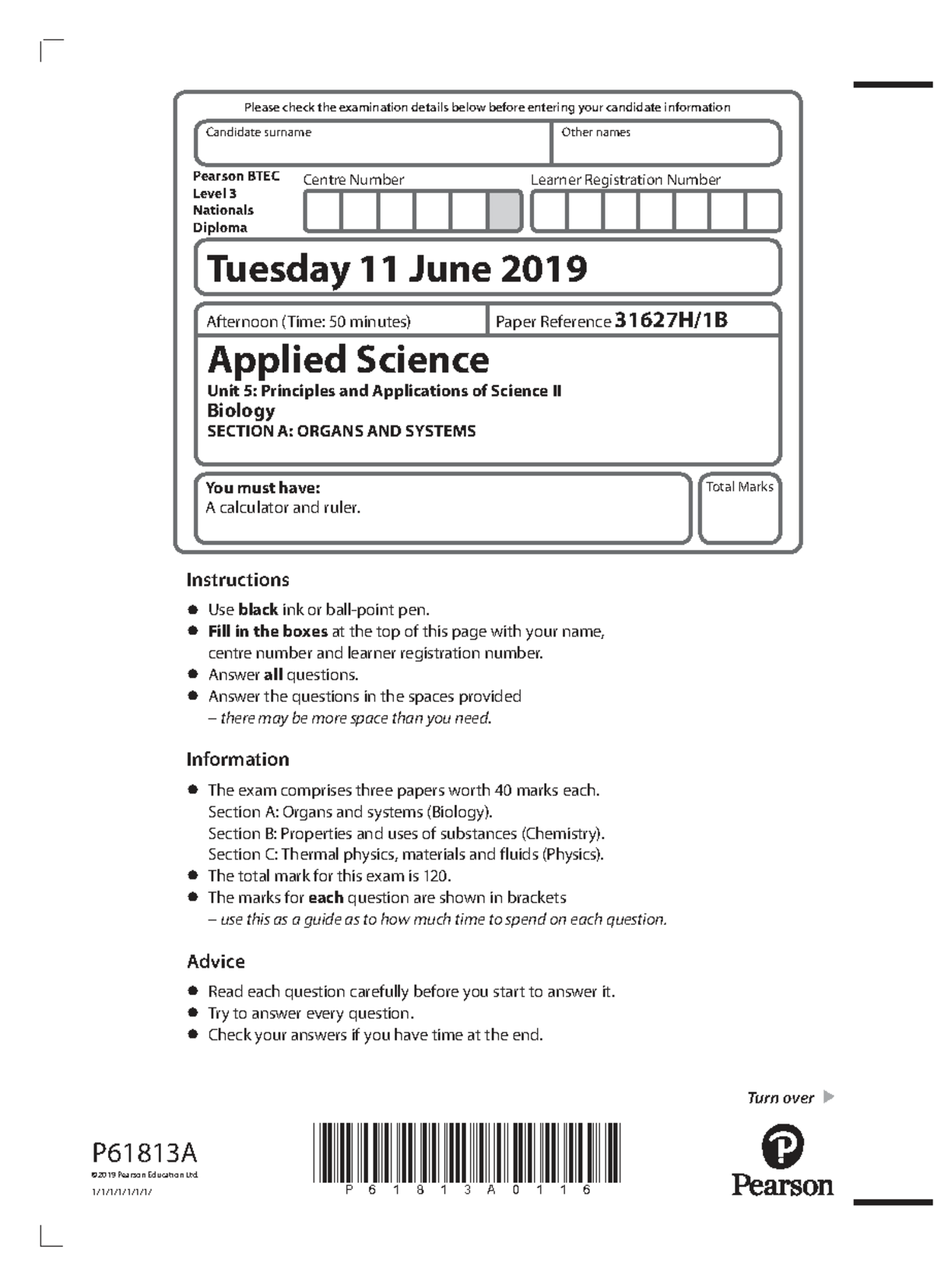 June 2019 BTEC Level 3 Applied Science Unit 5 Exam Paper - Studocu
