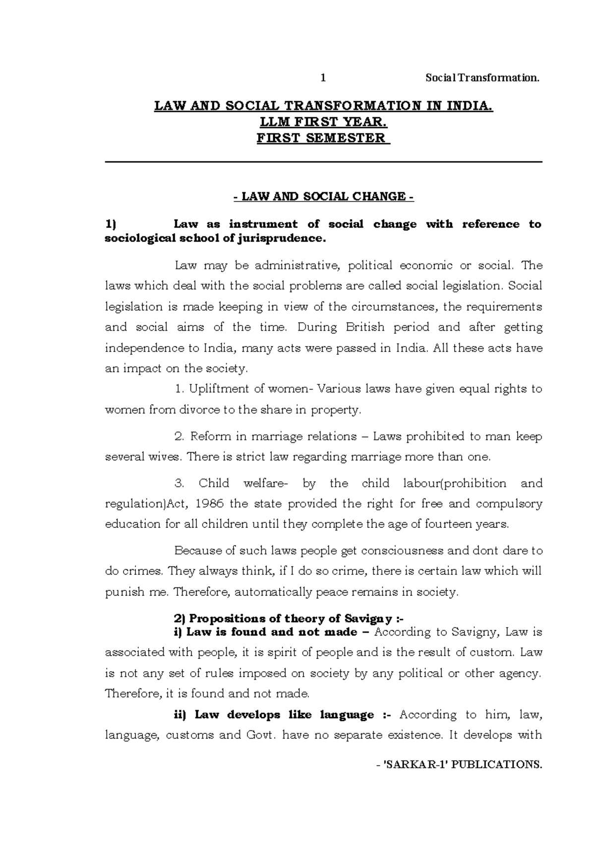 LLM 1st Sem - Law and Social Transformation in India: A Comprehensive ...