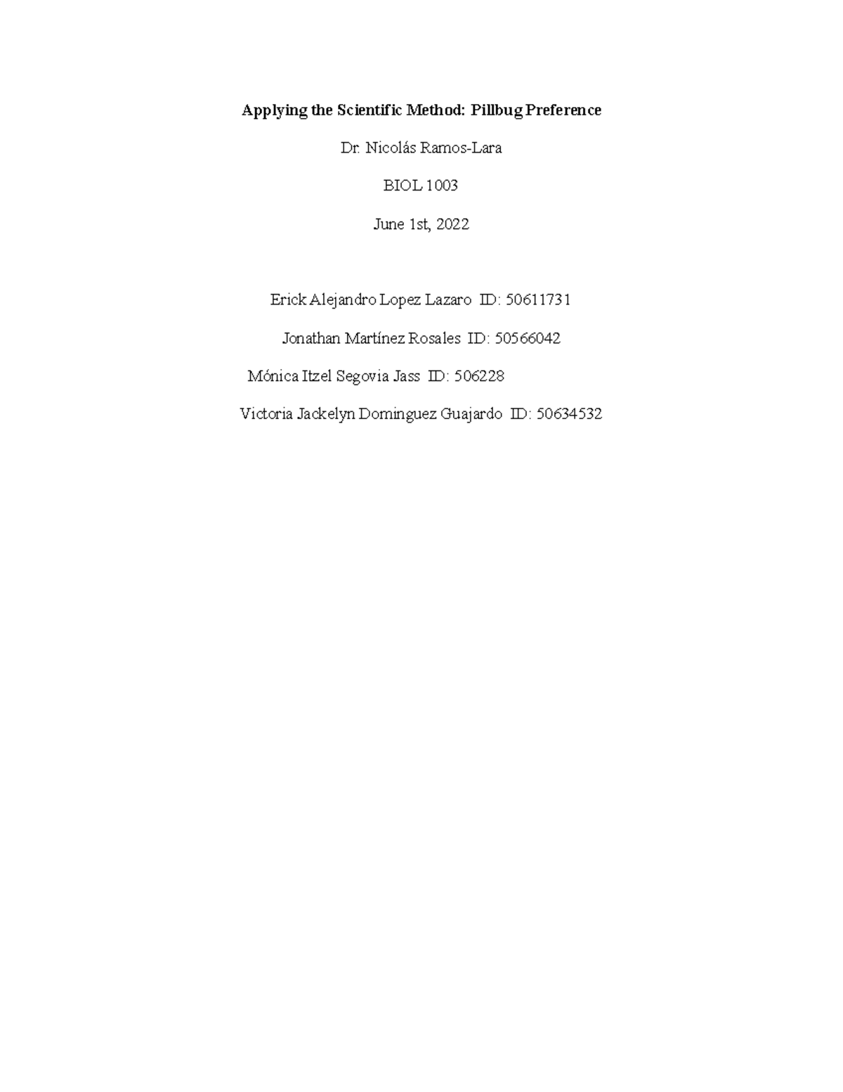 BIOL 1003 Report 1: Observing Pillbug Preference for Cornstarch - Studocu