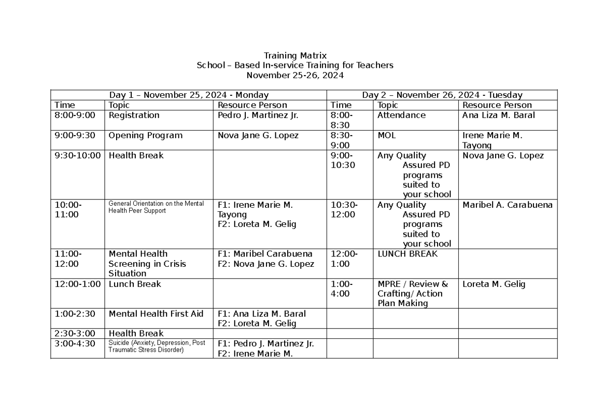 Training Matrix inset school based 2024 1 - Training Matrix School ...