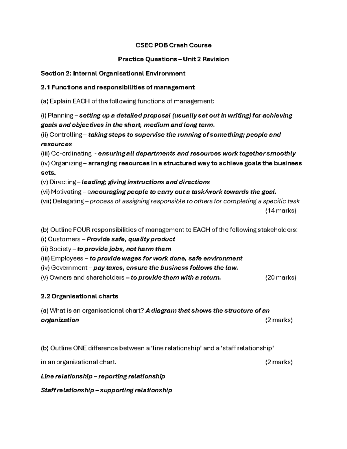 CSEC POB Crash Course - Revision Analysis for Unit 2 Concepts - Studocu