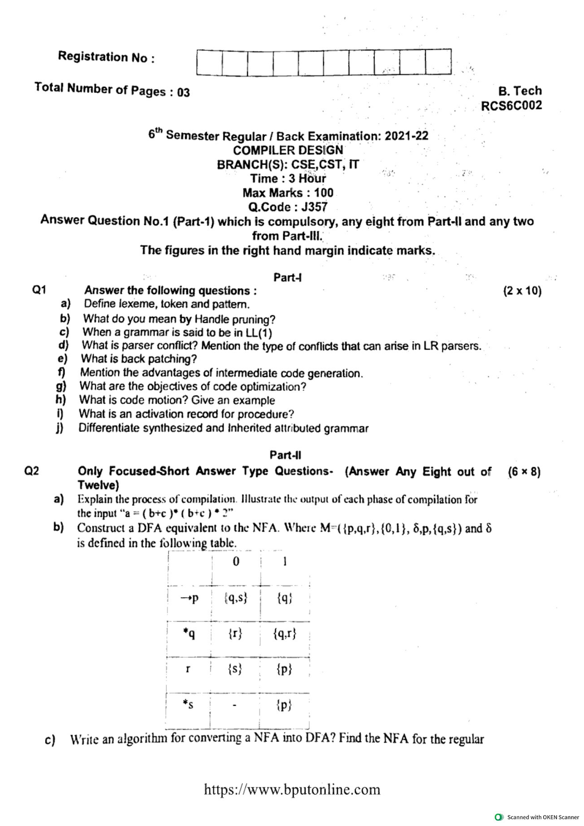 Compiler Design PYQ B. Tech RCS6C002 6th Sem Regular Exam - Studocu